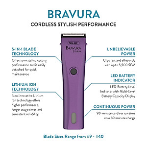 Wahl Professional Animal Bravura Lithium Ion Clipper - Pet, Dog, Cat, and Horse Corded/Cordless Clipper Kit, Purple (41870-0423)
