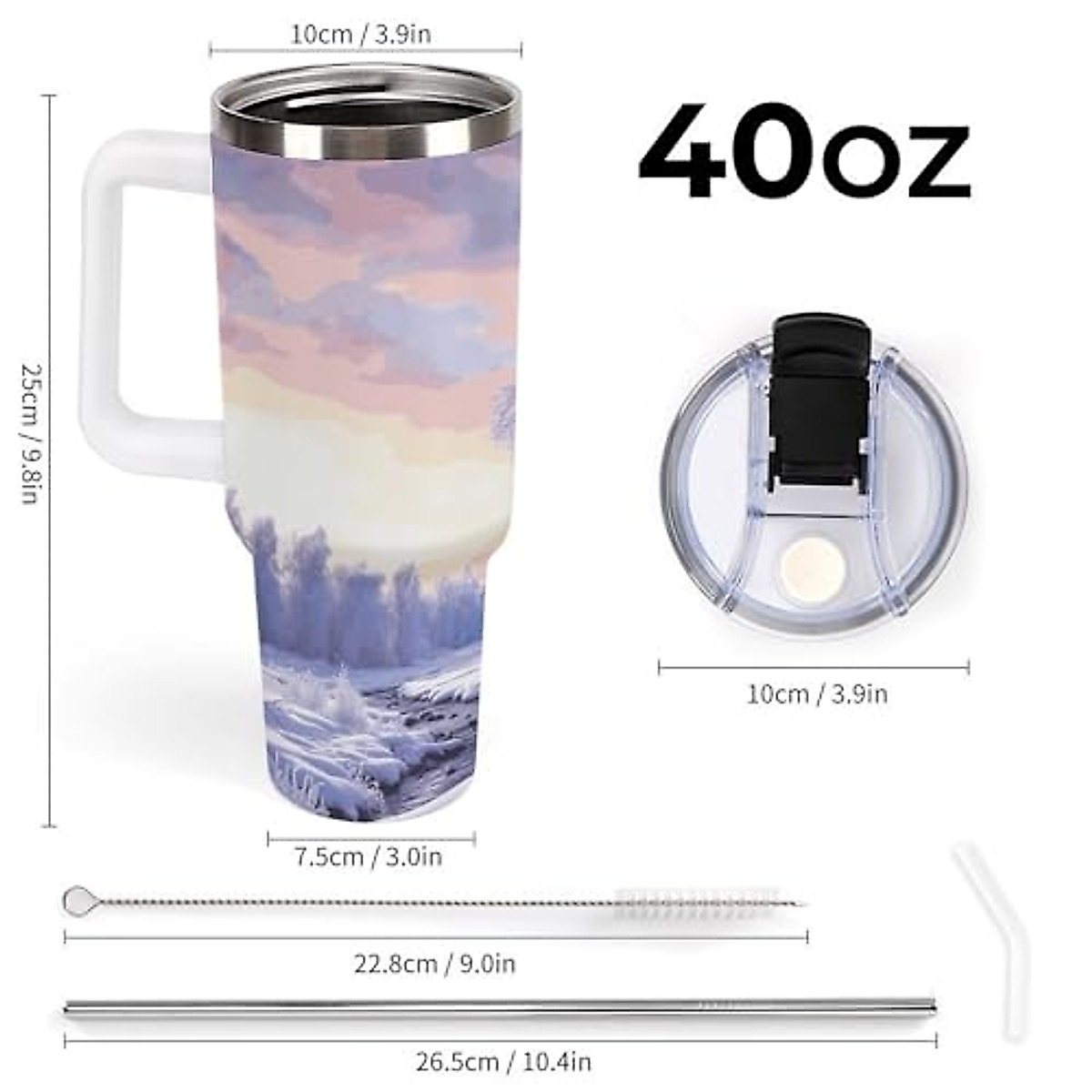 LLUTSNTH 40 Oz Vacuum Tumbler with White Handle Leakproof Insulated Tumbler Winter Landscape Stainless Steel Travel Mug with Lid And Straw Coffee Cup Cute Water Bottles Cup Holder Friendly