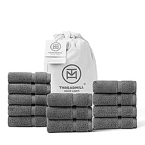 Threadmill 100% Cotton Washcloths Pack of 12 Towels - Luxury 600 GSM 13"x13" Super Soft, Highly Absorbent, Quick Dry & Lint Free Dark Grey - Premium Hotel Quality Towels for Spa & Daily Use