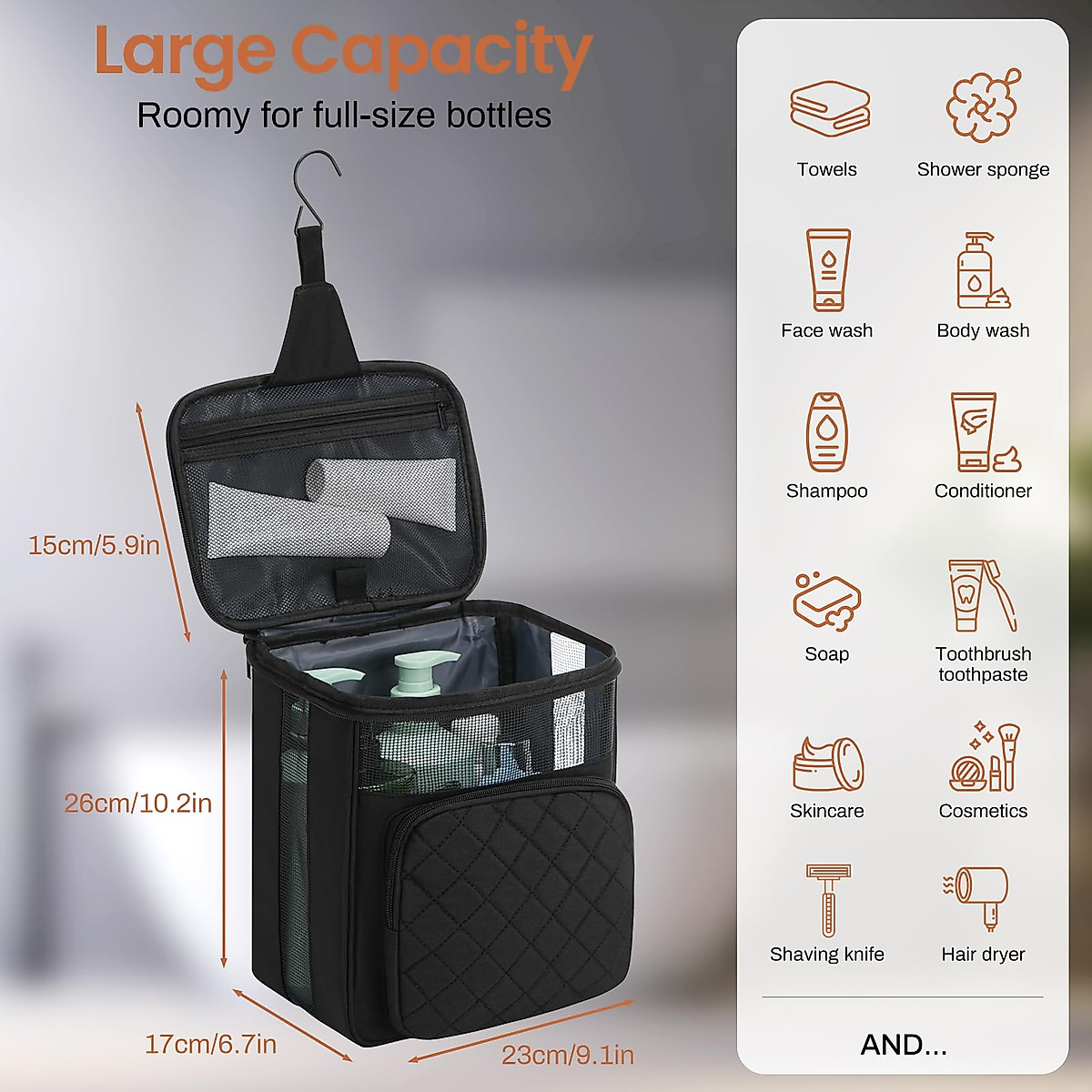 KUSOOFA Shower Caddy Tote Bag Portable Quick Dry,College Dorm Room Essentials for Girls Mesh Shower Bag Hanging for Women,Camp,Gym,Travel (Black quilted)