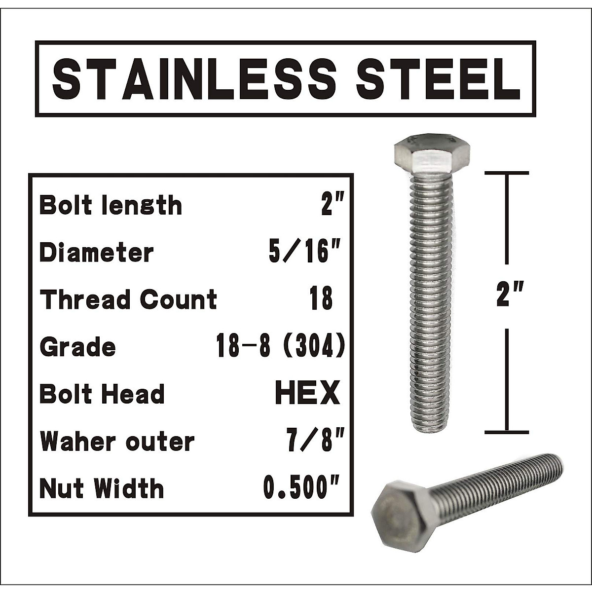 (10 Sets) 5/16-18x2" Stainless Steel Hex Head Screws Bolts, 5/16 Nuts, 5/16 Flat Washer & 5/16 Lock Washers, 18-8 (304) S/S, Fully Threaded by Bolt Fullerkreg