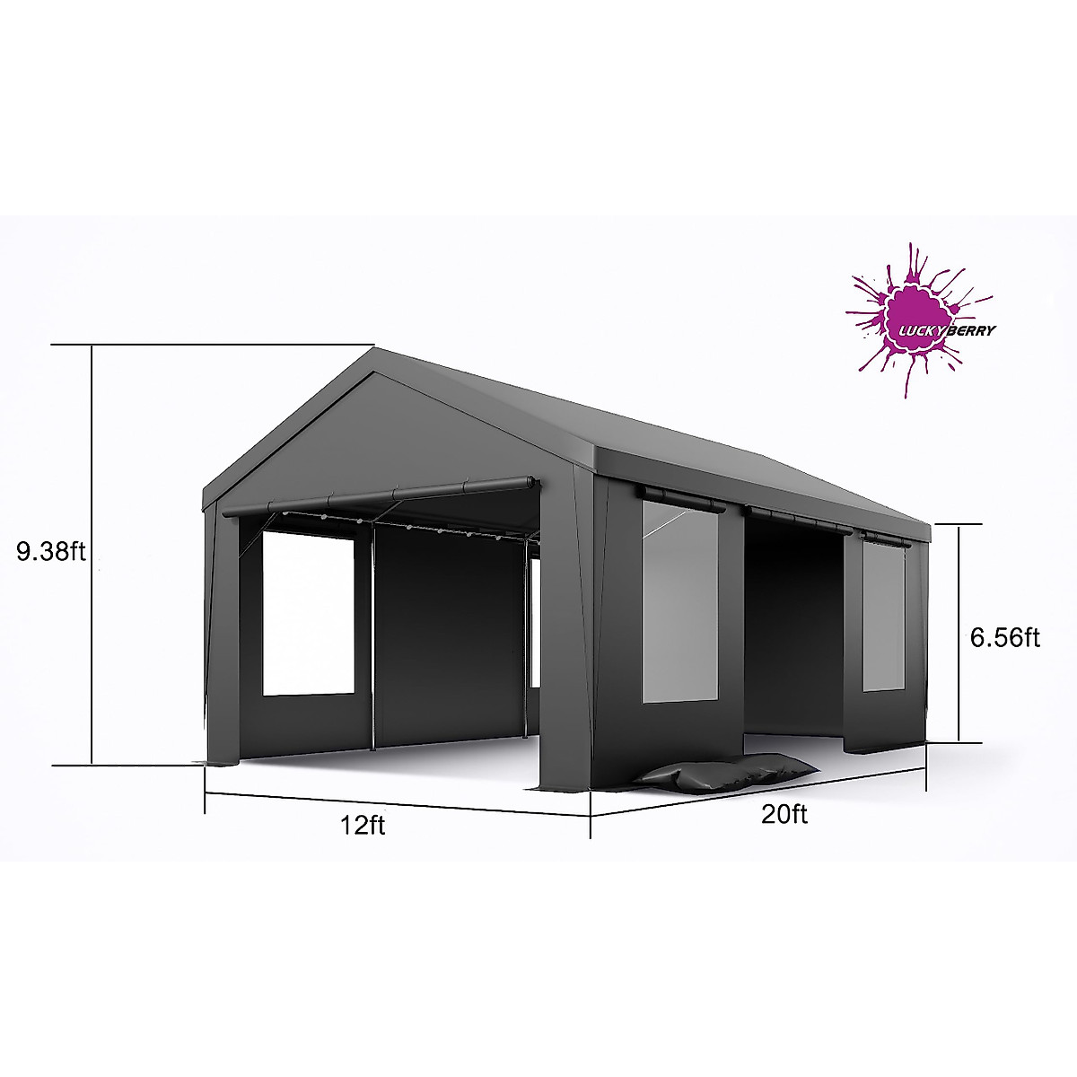 Luckyberry 12'x 20' Heavy Duty Carport Portable Tent,Waterproof，UV-Protection Carport Garage with Removable Sidewalls & Doors for Quick-Setup Carport Car, Truck, Boat with All-Season Tarp, Grey