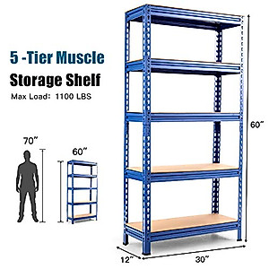 Tangkula 5-Tier Storage Shelves, Heavy Duty Steel Frame Muscle Rack 60in Garage Shelf with Adjustable Shelves, Boltless Shelving Unit for Free Combination, Metal Utility Shelves (1, Navy Blue)