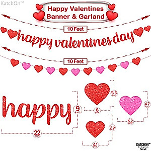 Glitter, Happy Valentines Day Banner - 10 Feet, No DIY | Red and Pink Glitter Heart Garland for Valentines Day Decorations | Valentines Banner | Valentines Day Garland for Valentines Decorations