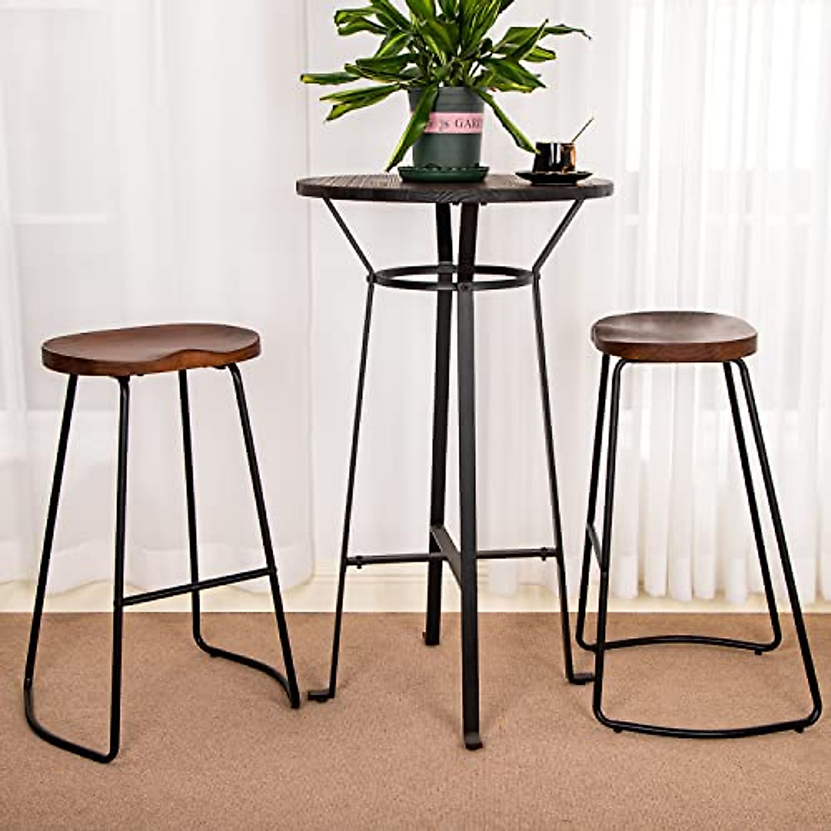 HeuGah Bar Stools, Solid Wood Barstools Set of 2, 30" Bar Height Bar Stools with Metal Leg, Rustic Backless Bar Stools for Kitchen Island, Bar Chairs with Solid Wood Saddle Seat (Walnut, 30 Inch)