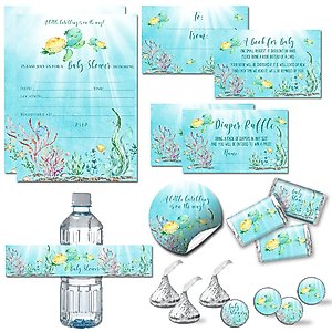 Little Hatchling Cute Sea Turtle Sea Life Baby Shower Party Bundle Includes 20 each of Invitations with Envelopes + 4 Different Sizes of Decorative Stickers, Diaper Tickets & Bring a Book Cards