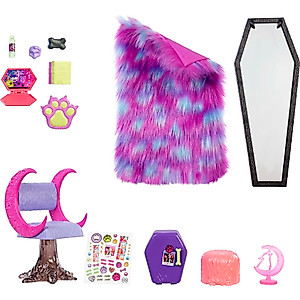 Monster High Playset, Clawdeen Wolf Bedroom with Doll House Furniture & Toy Accessories Like Spooky Decor & Snacks, Sticker Sheet