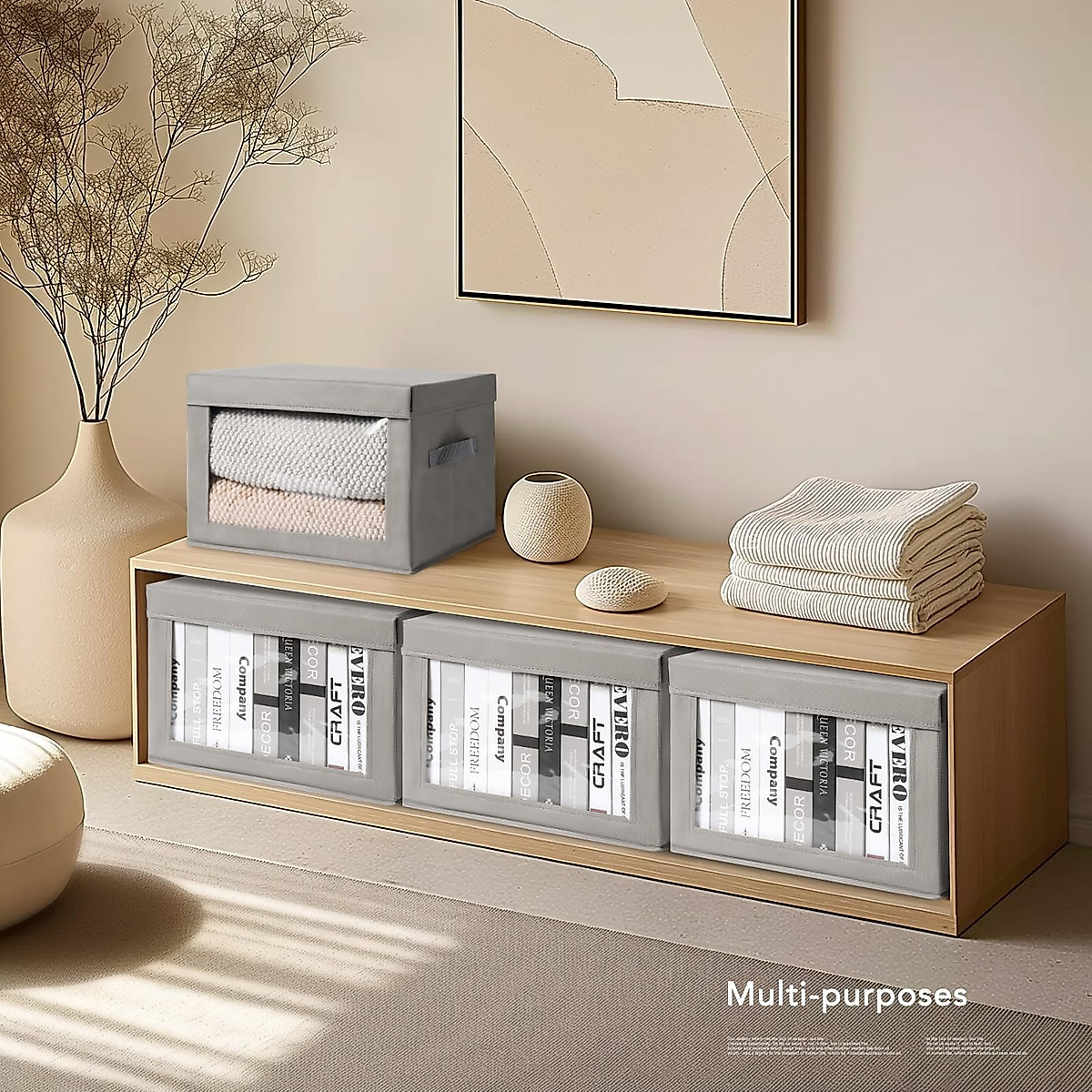 Homsorout Storage Bins with Lids - Fabric Storage Bins with Handles, Foldable Closet Organizers and Storage, Storage Boxes with Window for Closet, Clothes, Towels (Grey, Set of 4)