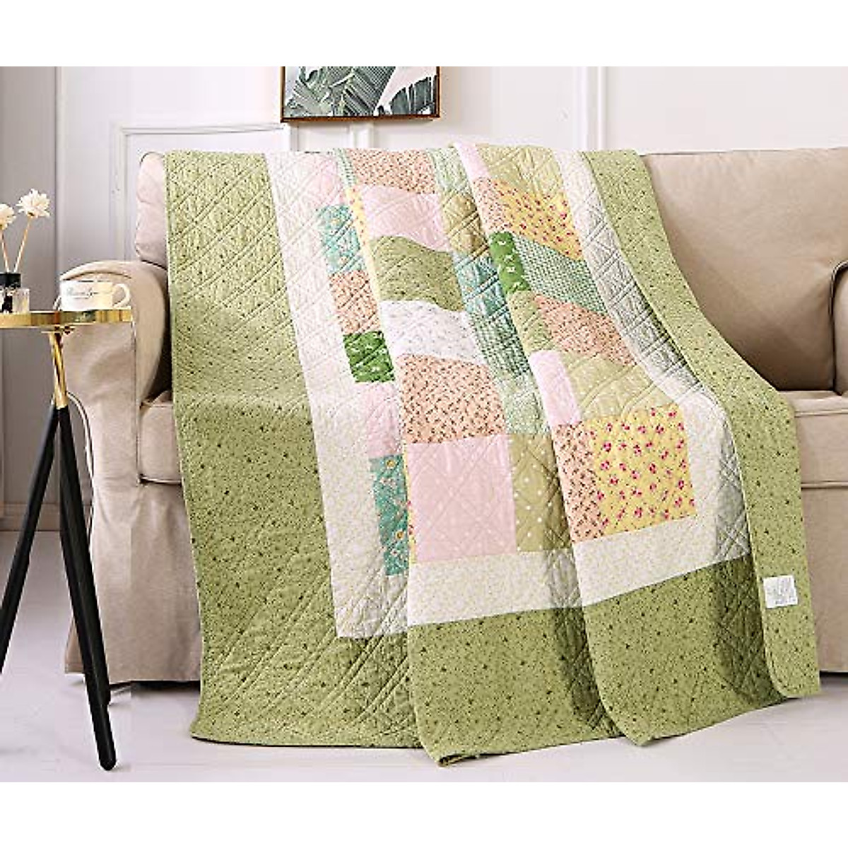 KINBEDY 100% Cotton Quilts Twin Size Green Floral Patchwork Bed Quilt Reversible Quilted Blankets Coverlets Bed Throws for Couch Sofa, 60"x80"