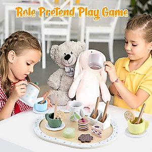 WHOHOLL Wooden Tea Party Set for Little Girls Play Food, Toddler Girl Toys Play Kitchen Accessories with Teapot Tea Cup Dessert Toys 4 Set Playset- Pretend Play Set for Toddlers 1 2 3 5