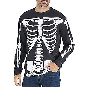 RAISEVERN Mens Halloween Sweatshirts Skeleton Print Funny White Bone Pullover Long Sleeve Shirts Black Cool Holiday Festival Sweater for Women