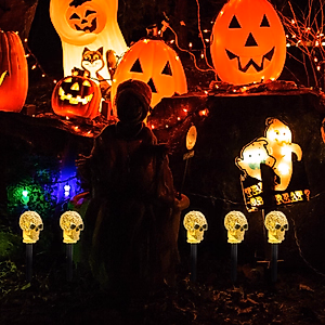 Funck 5PK Halloween Skull Pathway Lights, Waterproof & Battery Operated Skull Stake Lights for Halloween Decorations Outdoor Garden Yard Pathway Decor