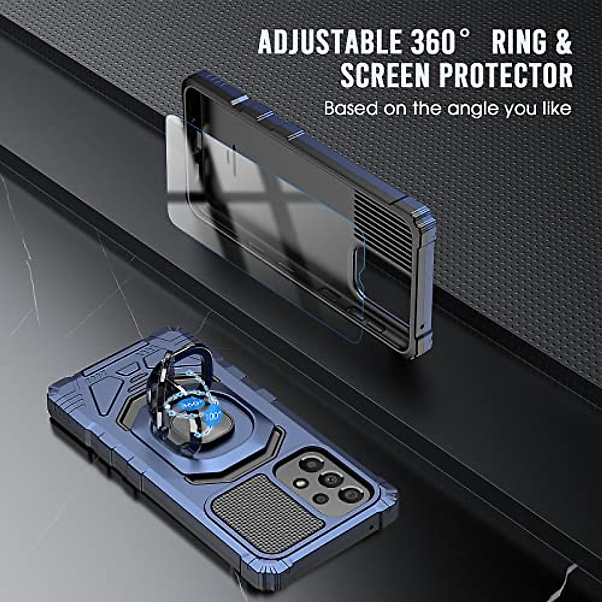 for Samsung Galaxy A53 5G | A53 5G UW Case: with Tempered Screen Protector & Built in 360° Adjustable Ring Kickstand Shockproof Protection TPU Bumper Armor Phone Cover for Samsung A53 - Blue