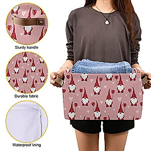 Wusikd Valentines Day Storage Basket Set of 1 Large Fabric Cute Gnomes Hearts Storage Basket Bins Box Cube with Handles Collapsible Closet Shelf Clothes Organizer Basket for Nursery Bedroom