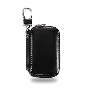 Amiss Universal Car Key Case, Key Fob Protector, Key Fob Cover Case, Genuine Leather Car Smart Key Chain Keychain Holder Metal Hook and Keyring Zipper Bag for Remote Key Fob - Black