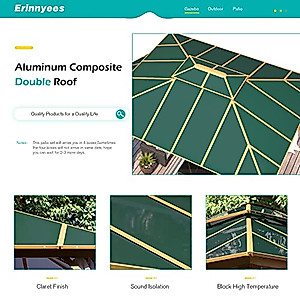 Erinnyees 10' x 12' Wood Grain Hardtop Gazebo, Outdoor Aluminum Composite Double Roof with Privacy Curtain and Mosquito Net for Patio, Lawn, Garden, Deck(Wood Looking, Dark Green)