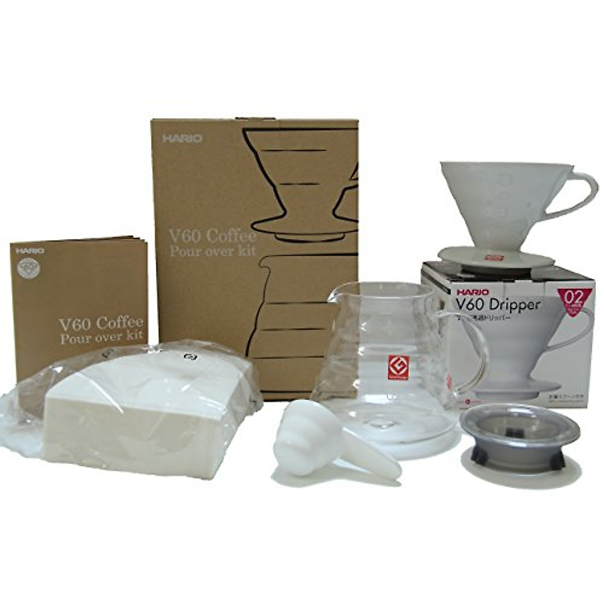 Hario V60 Coffee Pour Over Kit Bundle Set - Comes with Ceramic Dripper, Range Server Glass Pot, Measuring Spoon, and 100 Count Package of Hario 02W Coffee Filters
