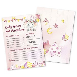 50 Deluxe Pink Elephant Advice and Predictions Cards- Large Double Sided 5 x 7 Inch for Baby Girl Shower Game, New Parent Message Book, Mom & Dad to Be, Decorations