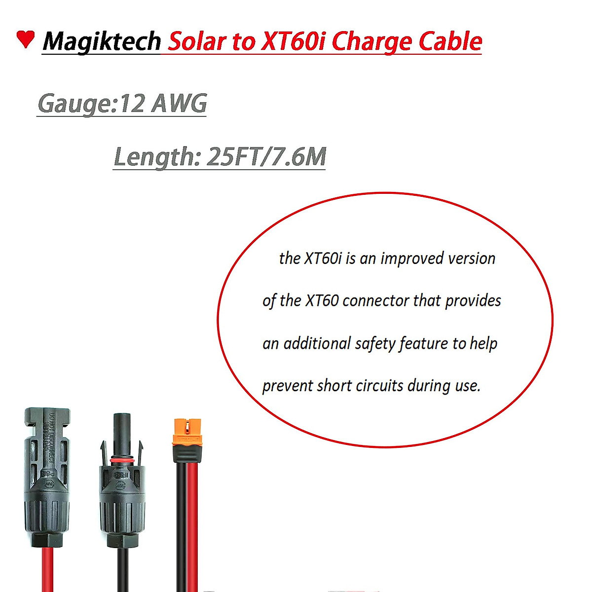 Magiktech Solar to XT60i Charge Extension Cable 3FT/6FT/12FT/25FT/50FT,Solar Connectors to XT60i Adapter for Portable Power Stations & Solar Generators (12AWG 7.6M/25FT)