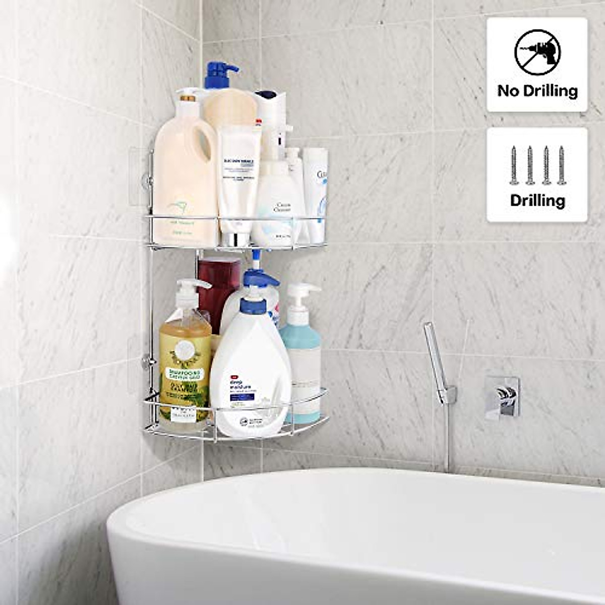 Oak Leaf Corner Shower Caddy, Shampoo Holder for Non 90° Corners, Bathroom Shower Organizer, Corner Shower Shelf, 2 Tier, Adhesive or Wall Mounted, Rustproof, Chrome Finished