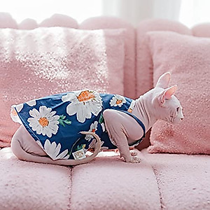 Sphynx Cat Summer Clothes for Cats Only Soft Cotton Vest Breathable Printing Kitten Shirts for Sphynx, Cornish Rex, Devon Rex, Peterbald (M (4.9-7.3lbs), Blue Floral)