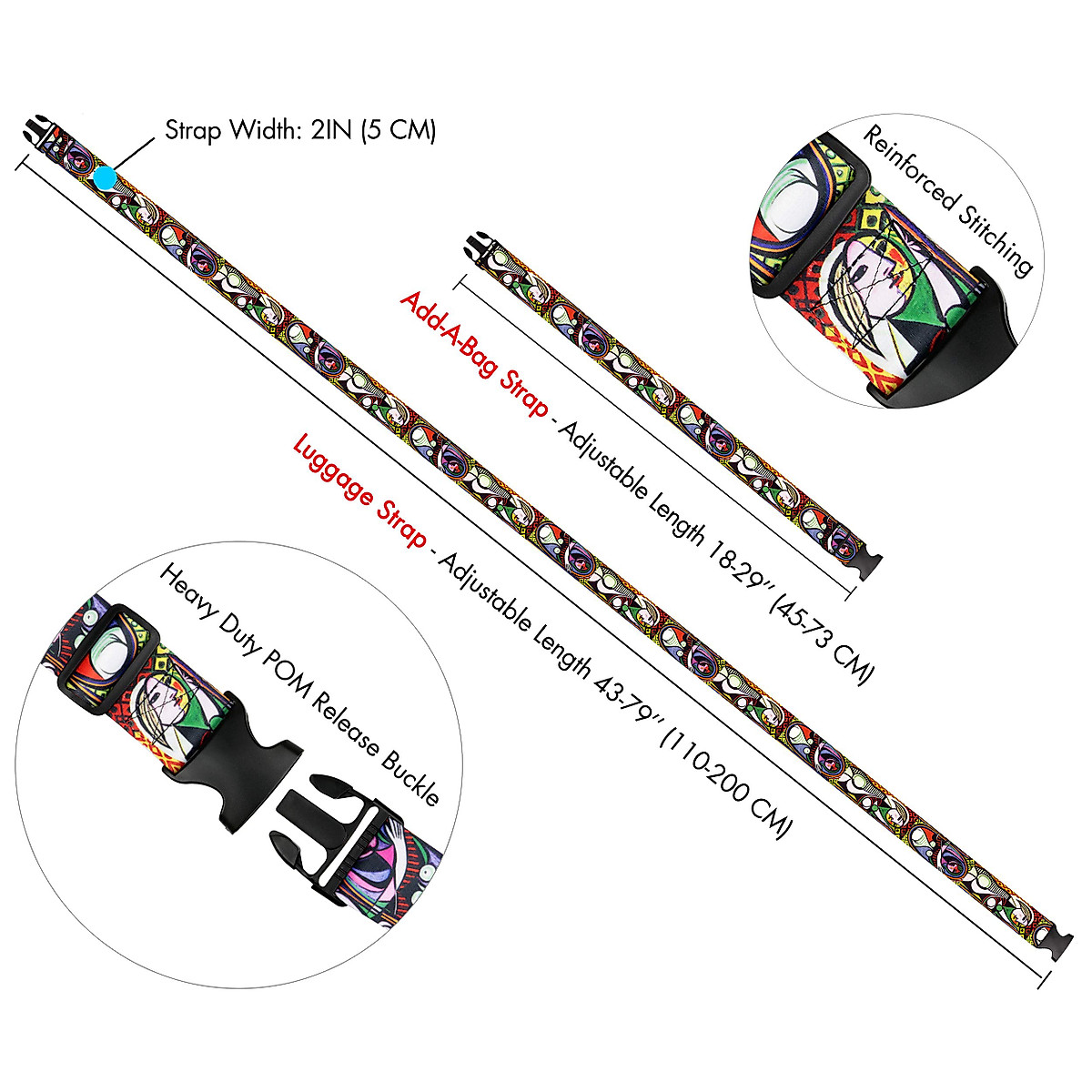 Picasso Girl before a Mirror Travel Luggage Strap Suitcase Security Belt. Heavy Duty & Adjustable. Travel Essentials Accessories. TSA Compliant. 2 Luggage Straps & 2 Add A Bag Straps. 4-Piece Set.