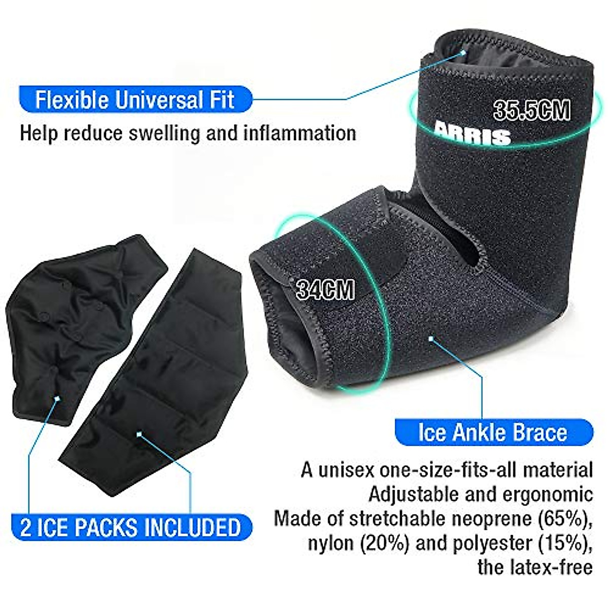 ARRIS Ice Pack Wrap for Ankle, Soft Foot Brace with Reusable Flexible Gel Pack for Heel Injuries, Bursitis, Pain Relief, Plantar Fasciitis, Achilles Tendonitis and Ankle Sprain, Swelling