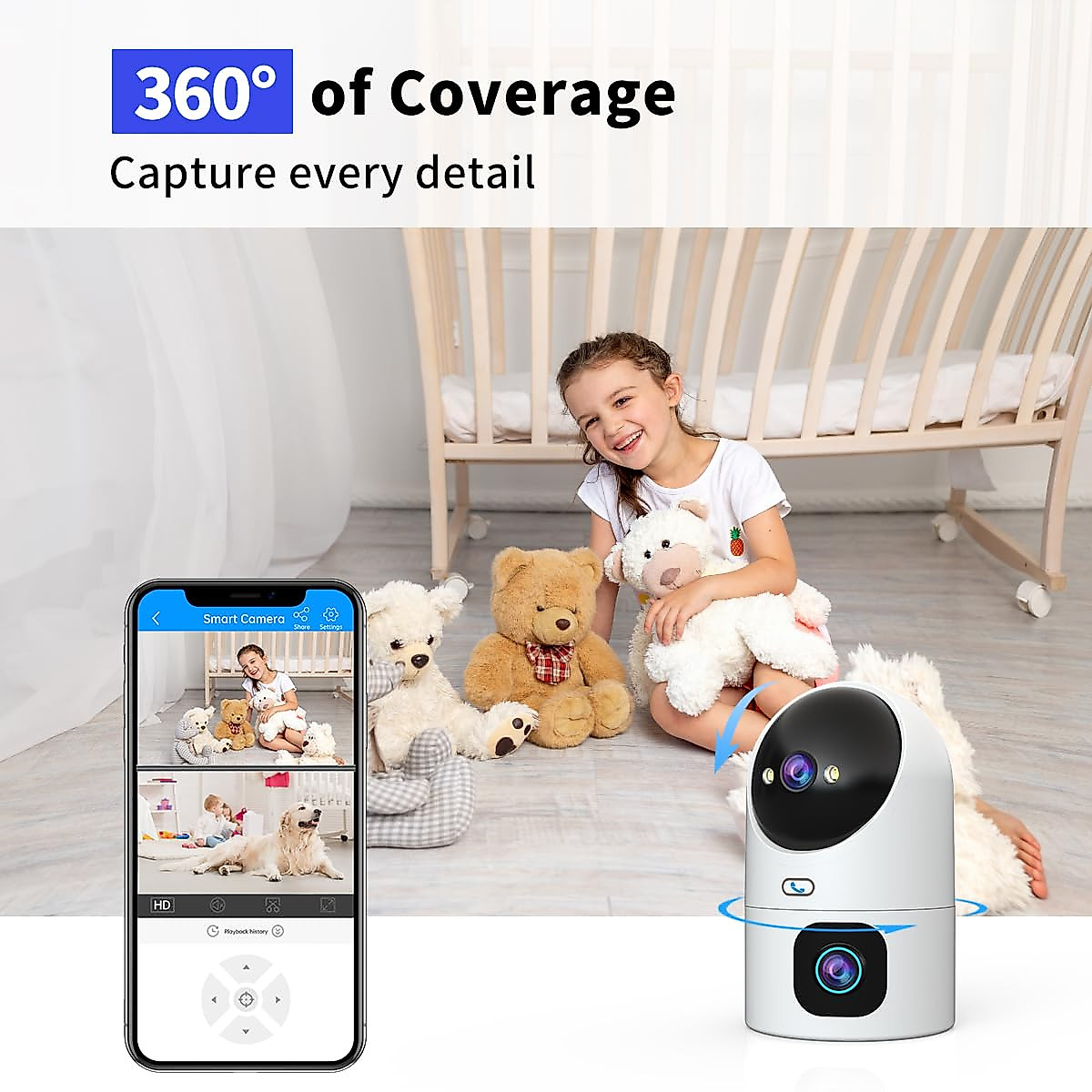 JOOAN 5G/2.4G Dual Lens Security Camera Indoor 2Kx2 PTZ Cameras for Home Security WiFi Surveillance Camera Baby Pet One Touch Call Color Night Cloud SD Card Storage 2 Way Audio Motion Detection Alert
