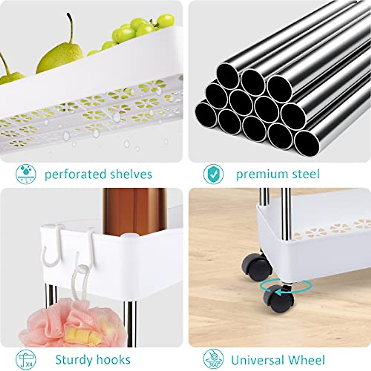 Slim Storage Cart, 4 Tier Bathroom Rolling Utility Cart Storage Organizer, White Slide Out Rolling Cart with Wheels, Rolling Storage Cart for Kitchen Bathroom Laundry Narrow Places…