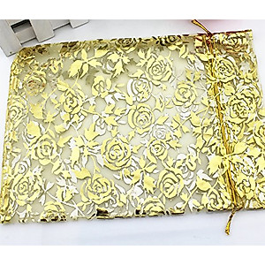 QIANHAILIZZ 100 Pack 7 x 9 Inch Drawstring Flower Heart Bags Organza Jewelry Gift Pouch Candy Pouch Drawstring Wedding Favor Bags (Gold Flower)