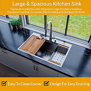 Strictly Sinks 33” Topmount Kitchen Workstation Sink-Black Single Bowl 16 Gauge Stainless Steel Drop In Sink with Wooden Cutting Board, Color Matching Colander & Strainer Square Drain
