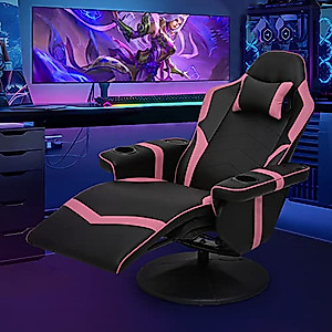MoNiBloom Massage Gaming Recliner Chair with 2 Speakers Ergonomic Game Chair Neck Support and Widened Armrests with Built-in Cup Holders, Tilt & Swivel Comfortable Gaming Chair with Storage Bag, Pink