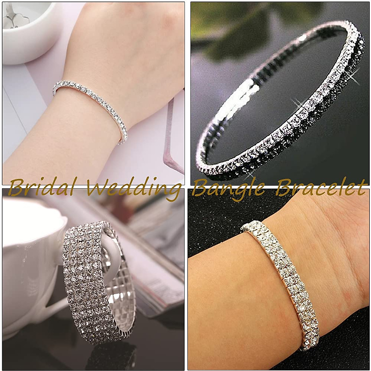MOZAKA 5Pcs Sparkle Rhinestone Stretch Bracelets Bangle for Women Bling Silver Bridal Wedding Strand Stackable Tennis Bracelet Set
