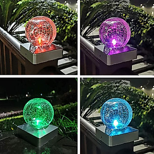 4 Solar Post Cap Lights Outdoor 2-in-1 Landscape Garden Ball Lights Cracked Glass Globe Lights Waterproof 5x5 In-Ground Spike Light for Posts Garden Yard Patio Pathway Deck Decor (Multi-Colors)