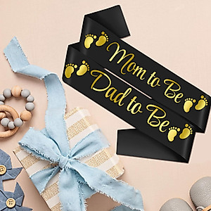 2pcs Mom to be and Dad to be Baby Shower Sash，Black Satin with Gold Letters Sash for New Mom Dad Baby Shower Party Gender Reveal Supplies Decorations