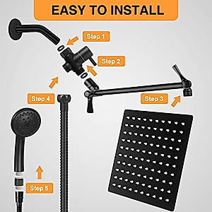 Koeka Matte Black High Flow Stainless Steel Shower Hand with Powerful Spray Long Hose, High Pressure 5-Setting Handheld Showerhead, Rainfall Showerhead with Height/Angle, 8 Inch, RF-011