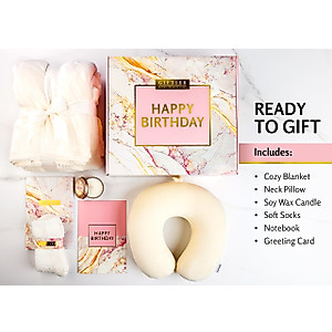 Birthday Gift Basket for Women - Happy Birthday Gift Basket For Her w/Memory Foam Pillow, Blanket, Candle, Socks, Journal, and Card - Curated Birthday Gift Set and Happy Birthday Gift Box for Women