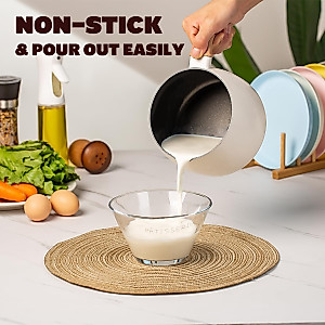 LISOS 2.5 Quart Non-stick Sauce Pan with Lid,Small Milk Pots for Cooking with Pour Spout,Aluminum stock Pot Wood Handle for kitchen,PFAS-Free,White