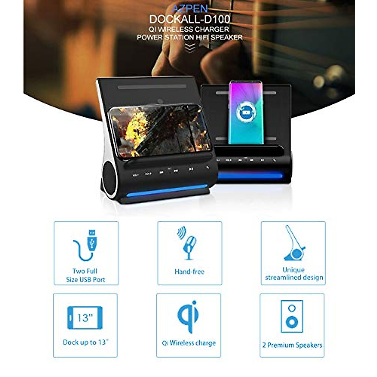 Azpen Dockall D100 - Qi Wireless Charger, Bluetooth Premium Speakers, Docking Station with Built in Mic Handsfree call, 3 in 1 Station for iPhone and Samsung phone
