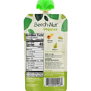 Beech-Nut Veggies Stage 2 Baby Food, Squash Peas & Pears, 3.5 oz Pouch