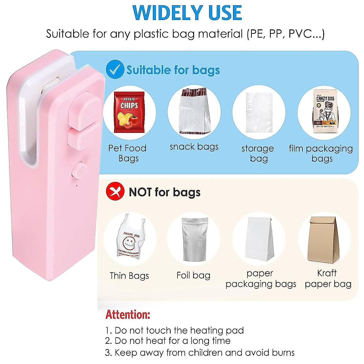 3 in 1 Mini Bag Sealer,Rechargeable Handheld Plastic Bag Resealer,with Cutter 3 in 1 Heat Portable Vacuum Sealers Kitchen Gadget for Chip Bags, Plastic Bags, Snack Freshness Food Storage（USB Cable)