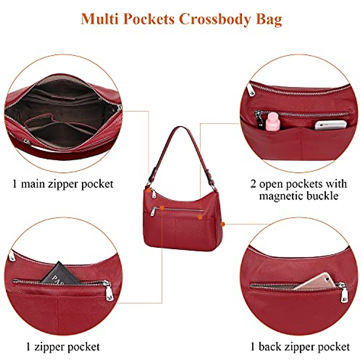 Over Earth Soft Leather Handbags for Women Crossbody Purses Multi Pockets Shoulder Bags Messenger Bag Medium(O120E UG Wine Red)