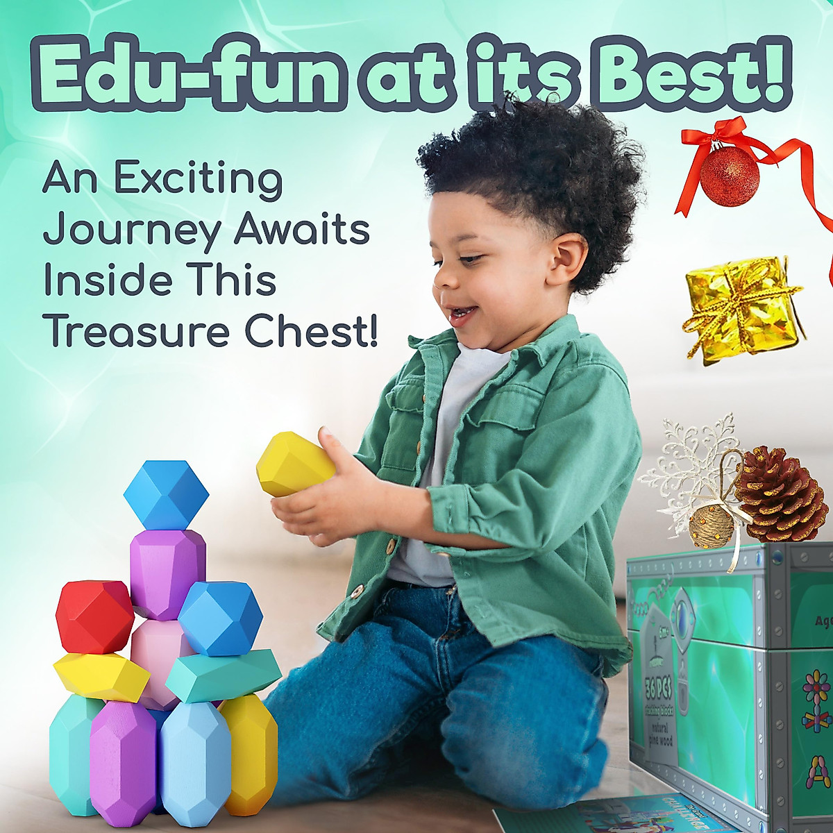 EVERSMART 36 Pcs Wooden Stacking Blocks – Montessori Toys for 1 2 3 4 5 6 Year Old Toddlers and Kids, XXL Rocks, No Choking Hazard – Sensory STEM Building Stones, Girl or Boy Birthday Gifts