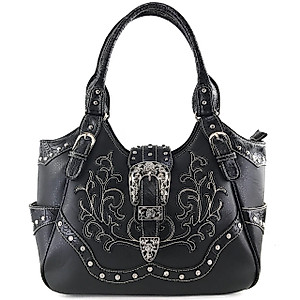 Justin West Western Floral Embroidery Studs Bling Rhinestone Buckle Shoulder Concealed Carry Handbag Purse (Black Large Tote)