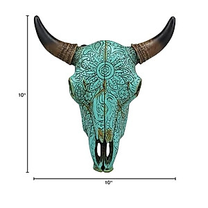Ebros 10" Wide Western Southwest Steer Bison Buffalo Bull Cow Horned Skull Head Turquoise Floral Lace Design Wall Mount Decor Native Indian Sacred Animal Totem Bust Skulls