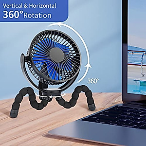 5000mAh Battery Operated Fan with Flexible Tripod, Rechargeable Stroller Fan, Clip Fan for Home Office Peloton Bike Treadmill Golf Cart Car Seat Camping Tent，Ultra Quiet, 3 Speeds, 360° Rotatable