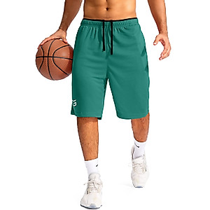 Men's Basketball Shorts with Zipper Pockets Lightweight Quick Dry 11" Long Shorts for Men Athletic Gym(Green,XL)
