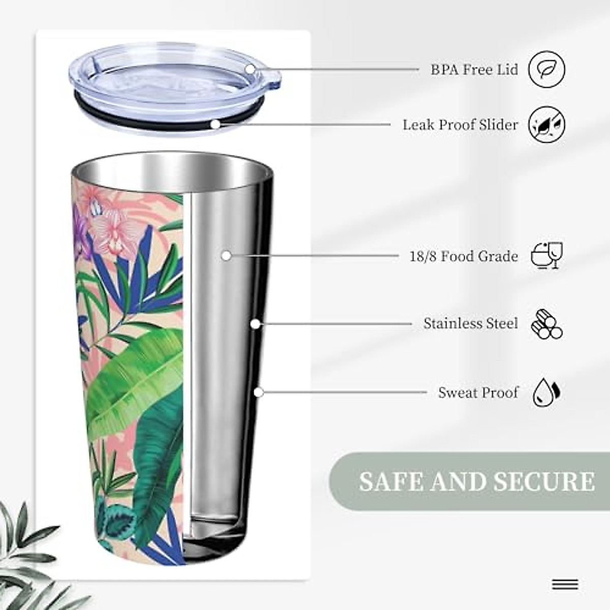 IYERSKD Palm Tree Leaf Pattern 20 oz Stainless Steel Tumbler Vacuum Insulated Leakproof Travel Mug for Car Office Gym