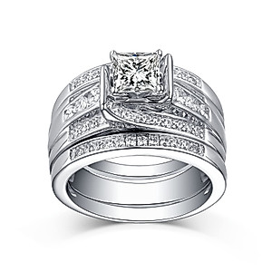 Engagement Ring for Women Bridal Sets 1 ct Princess Cut Moissanite engagement ring set wedding ring set Platinum Plated Silver Anniversary Promise Rings 3 piece set wedding ring size8