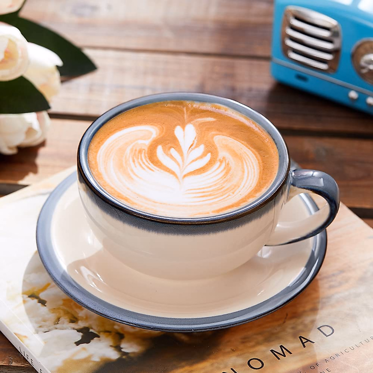 Coffeezone Vintage Design 12 oz Ceramic Latte Art Cappuccino Barista Cup with Saucer (Beige)